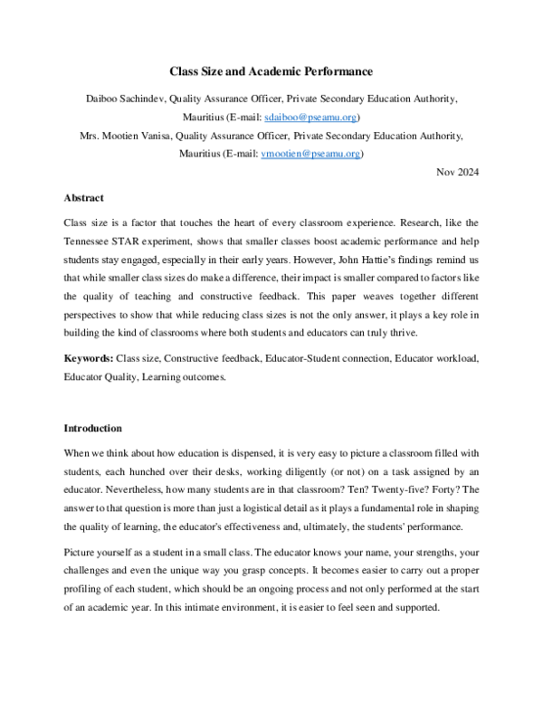 (PDF) Class Size and Academic Performance