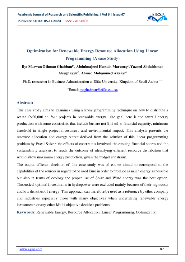 (PDF) Optimization for Renewable Energy Resource Allocation Using Linear Programming (A case Study