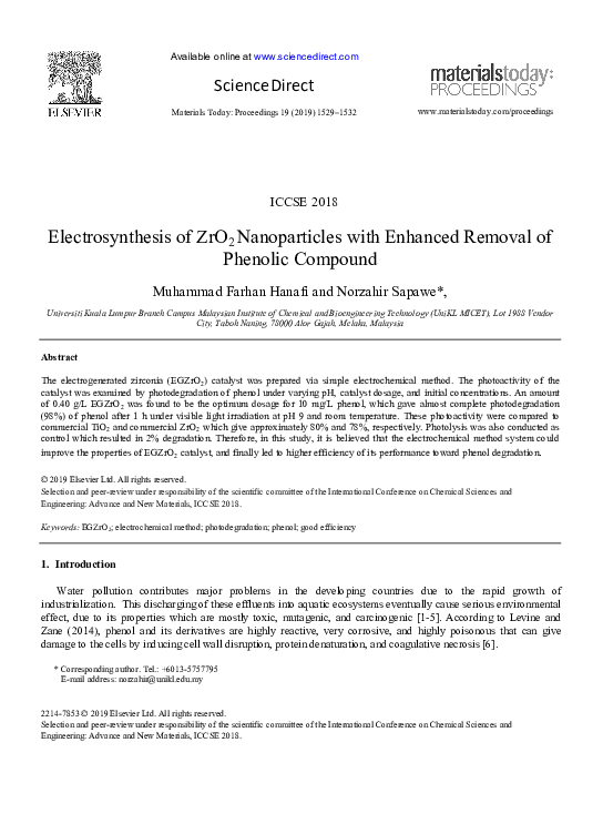 (PDF) Electrosynthesis of ZrO2 Nanoparticles with Enhanced Removal of Phenolic Compound