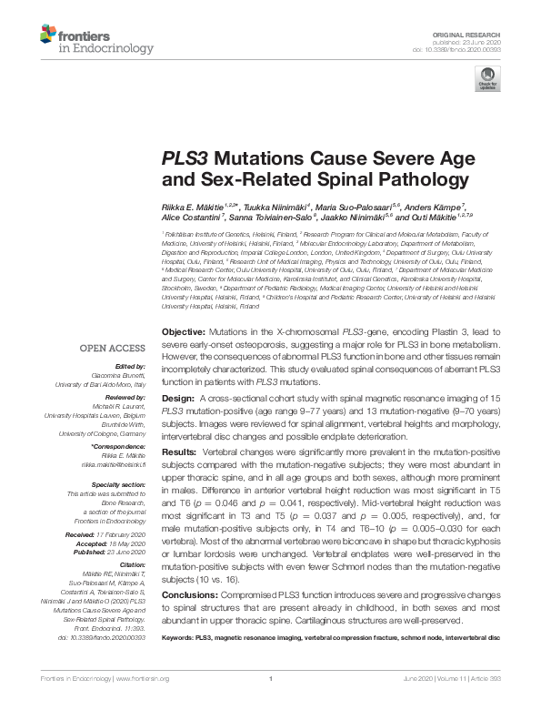 (PDF) PLS3 Mutations Cause Severe Age and Sex-Related Spinal Pathology
