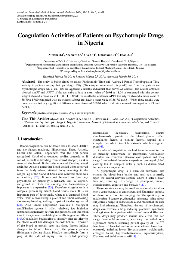 (PDF) Coagulation Activities of Patients on Psychotropic Drugs in Nigeria