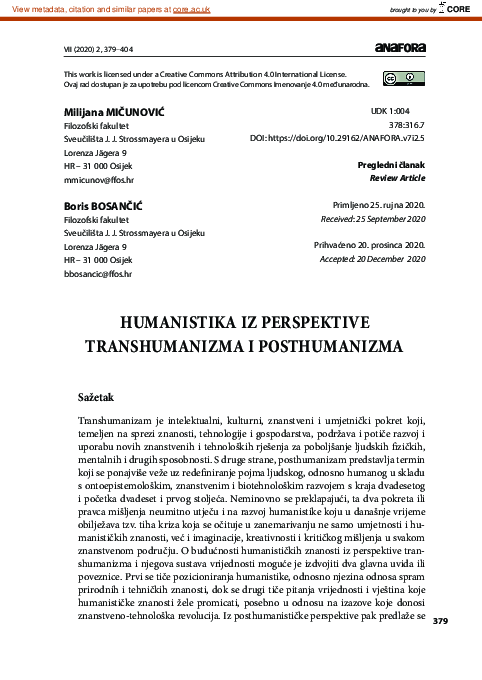 (PDF) The Humanities from the Perspective of Transhumanism and Posthumanism