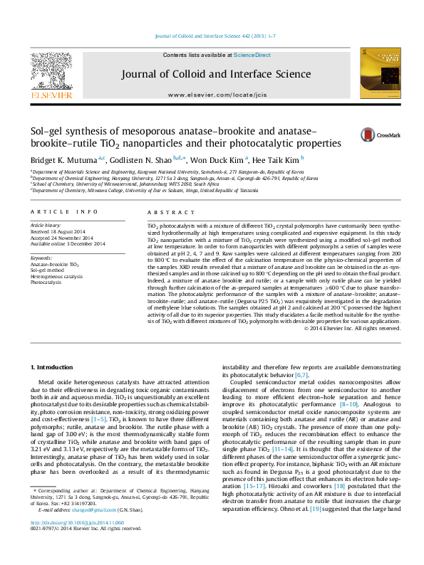 (PDF) Sol–gel synthesis of mesoporous anatase–brookite and anatase–brookite–rutile TiO2 ...