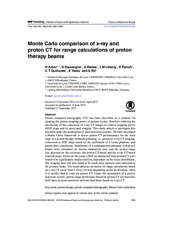 (PDF) Monte Carlo comparison of x-ray and proton CT for range calculations of proton therapy beams