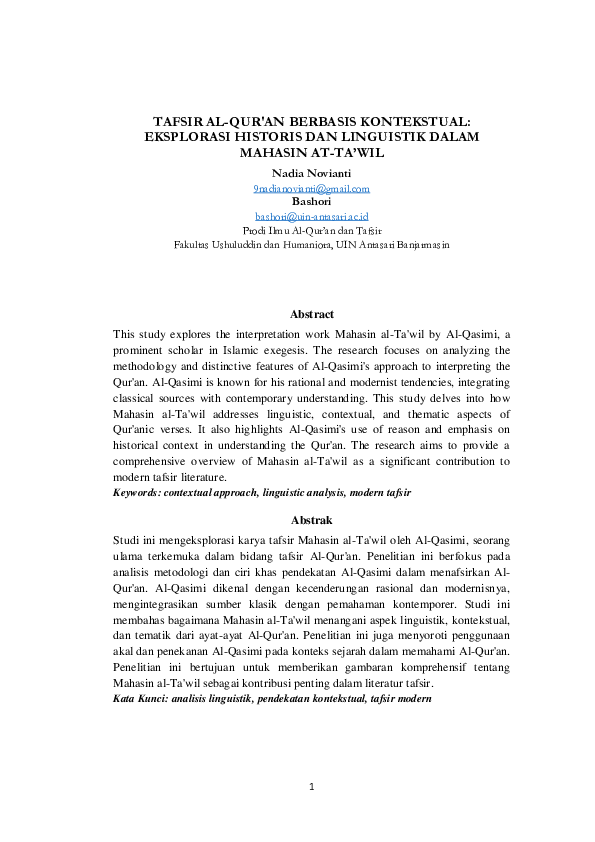 (PDF) TAFSIR AL-QUR'AN BERBASIS KONTEKSTUAL: EKSPLORASI HISTORIS DAN ...