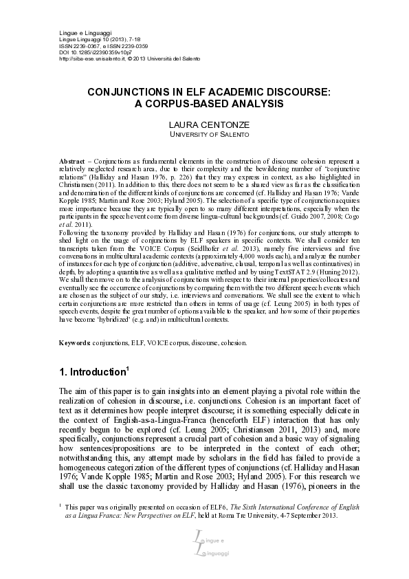 Pdf Conjunctions In Elf Academic Discourse A Corpus Based Analysis 1047