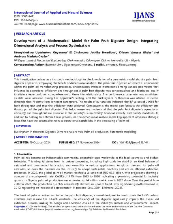 (PDF) Development of a Mathematical Model for Palm Fruit Digester Design: Integrating ...