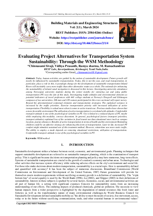 (PDF) Evaluating Project Alternatives for Transportation System Sustainability: Through the WSM ...