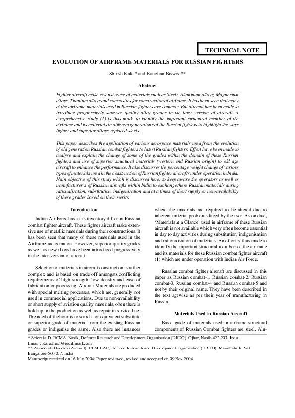 (PDF) Evolution of Airframe Materials for Russian Fighters