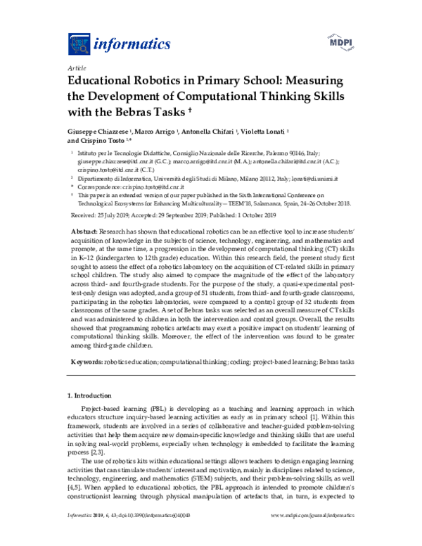 (PDF) Educational Robotics in Primary School: Measuring the Development of Computational ...