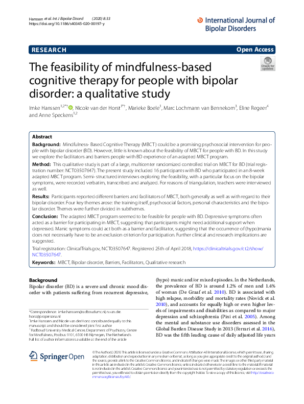 (PDF) The feasibility of mindfulness-based cognitive therapy for people with bipolar disorder: a ...