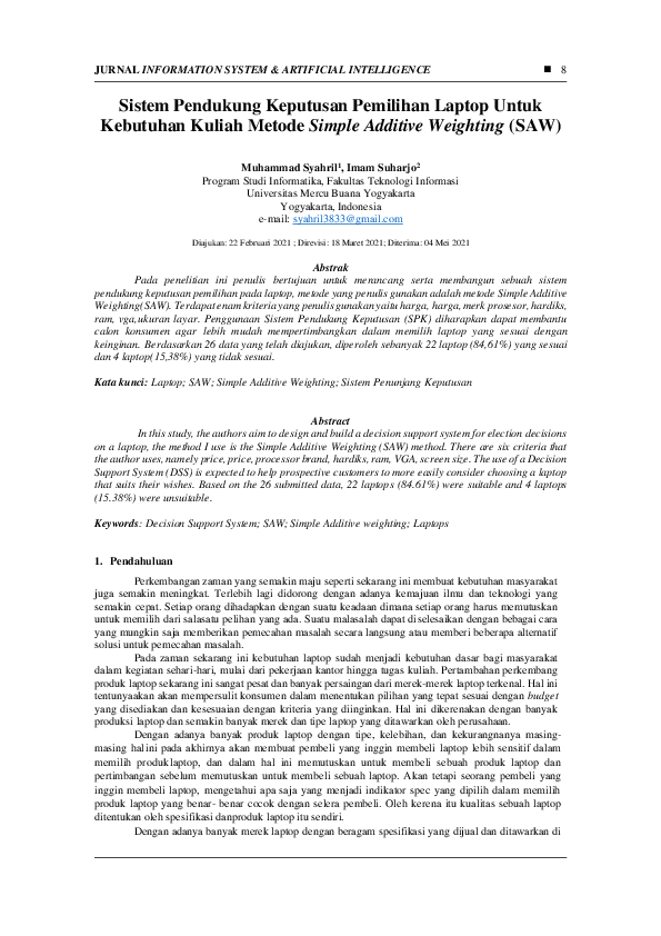 (PDF) Sistem Pendukung Keputusan Pemilihan Laptop Untuk Kebutuhan Kuliah Metode Simple Additive ...