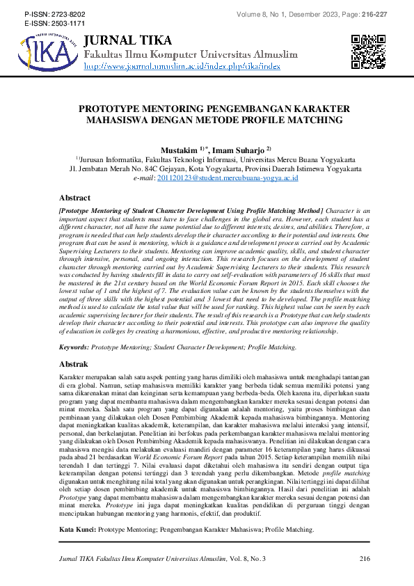(PDF) Prototype Mentoring Pengembangan Karakter Mahasiswa Dengan Metode Profile Matching