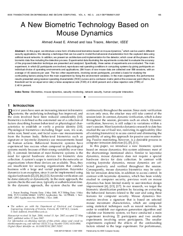 (PDF) A New Biometric Technology Based on Mouse Dynamics