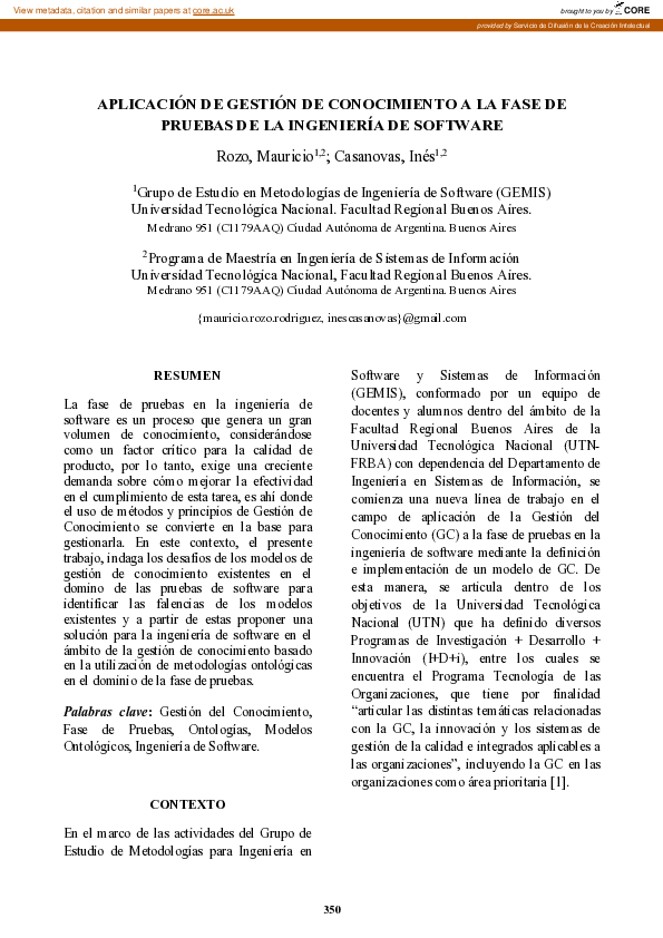 (PDF) Aplicación de gestión de conocimiento a la fase de pruebas de la ingeniería de software