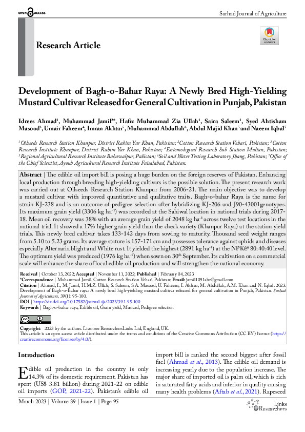(PDF) Development of Bagh-o-Bahar Raya: A Newly Bred High-Yielding ...
