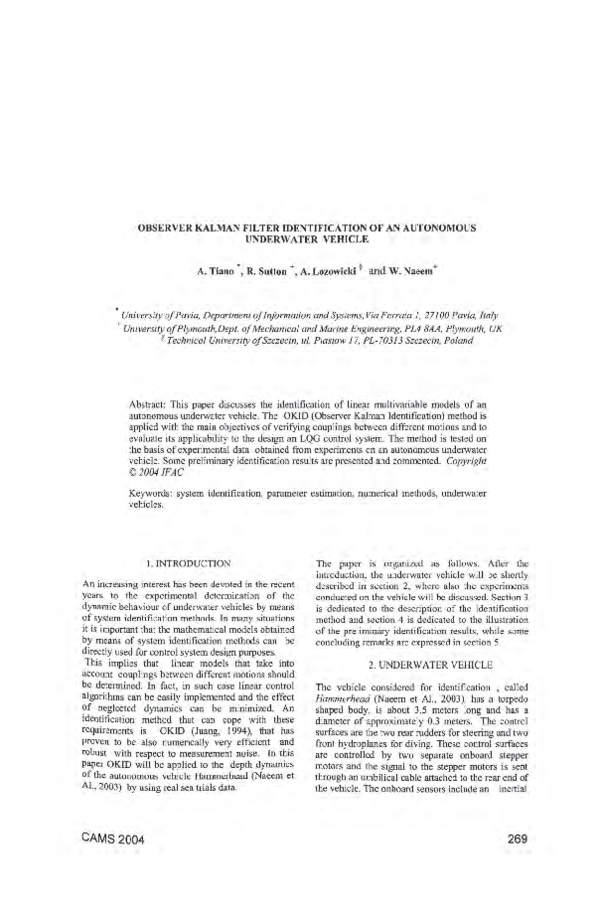 Pdf Observer Kalman Filter Identification Of An Autonomous Underwater