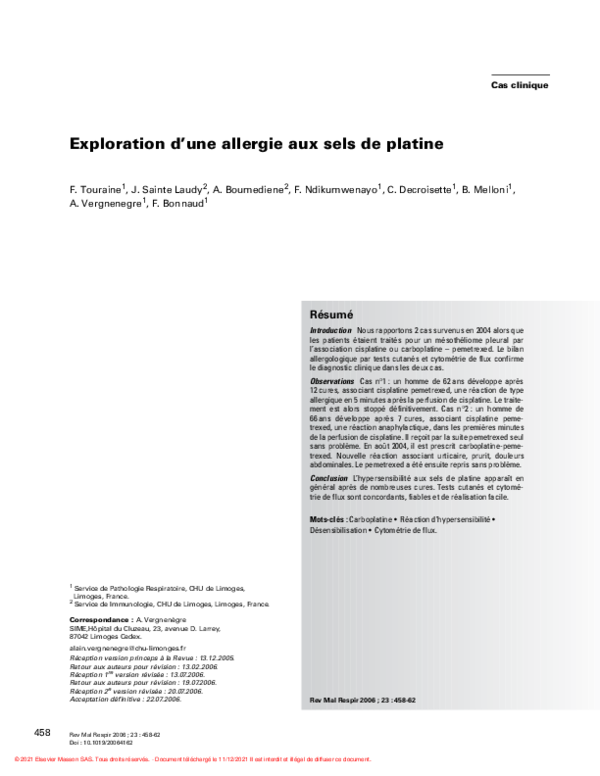 (PDF) Exploration d’une allergie aux sels de platine