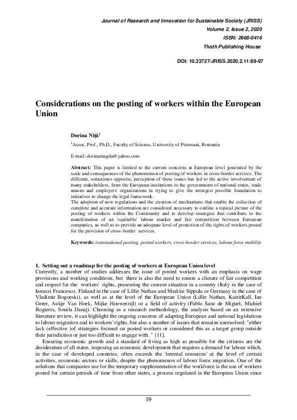 (PDF) Considerations on the Posting of Workers Within the European Union