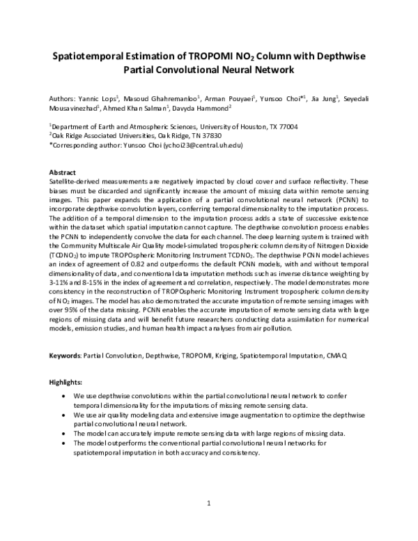 Pdf Spatiotemporal Estimation Of Tropomi No2 Column With Depthwise Partial Convolutional
