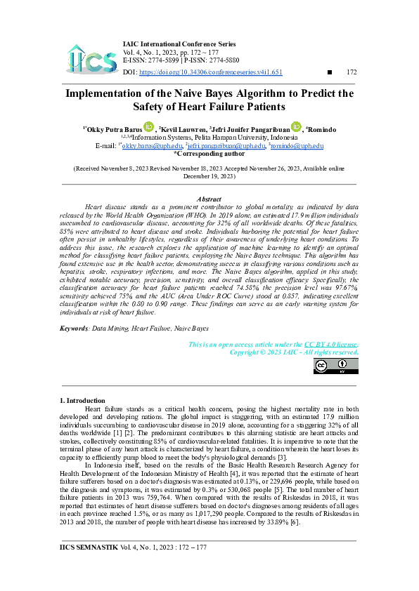 (PDF) Implementation of the Naive Bayes Algorithm to Predict the Safety of Heart Failure ...