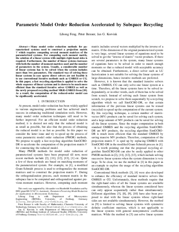 (PDF) Parametric model order reduction accelerated by subspace recycling