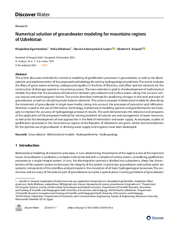 (PDF) Numerical solution of groundwater modeling for mountains regions of Uzbekistan