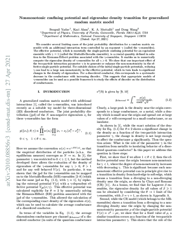 (PDF) Non-monotonic confining potential for generalized random matrix model