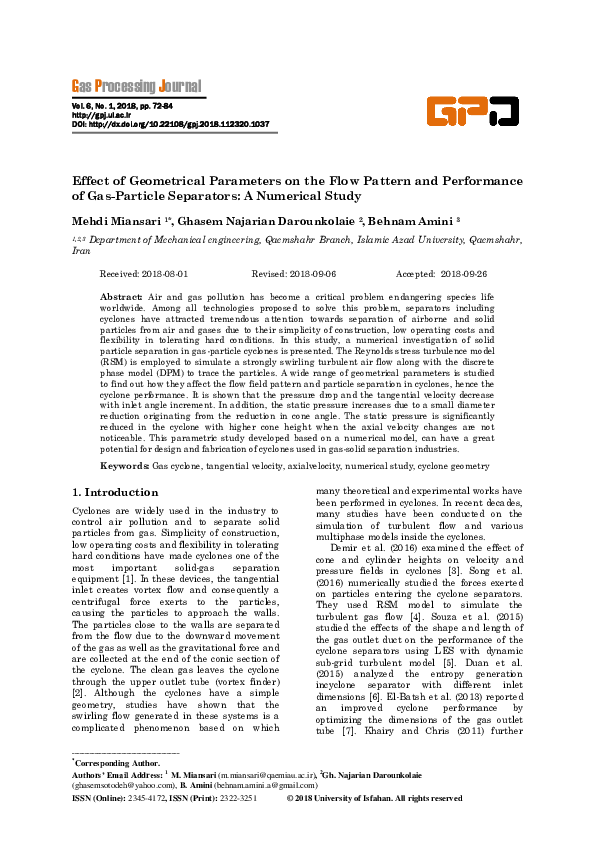 (PDF) Effect of Geometrical Parameters on the Flow Pattern and Performance of Gas-Particle ...