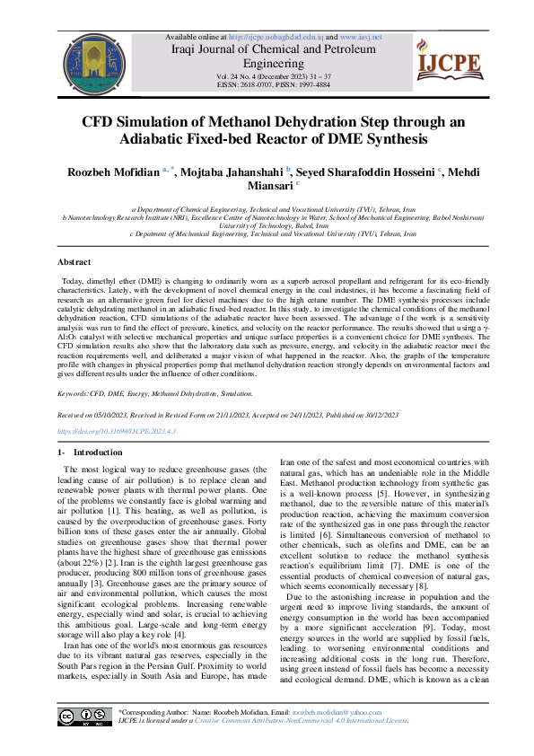 Pdf Cfd Simulation Of Methanol Dehydration Step Through An Adiabatic Fixed Bed Reactor Of Dme