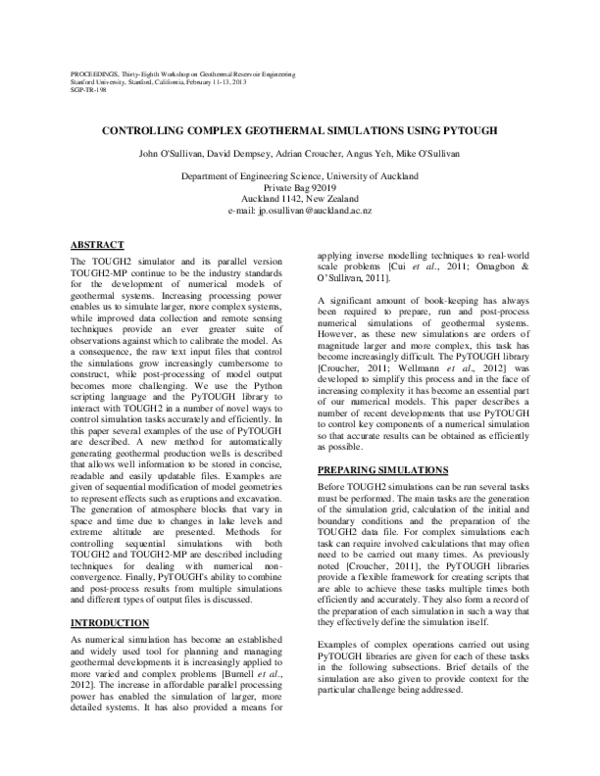 Pdf Controlling Complex Geothermal Simulations Using Pytough