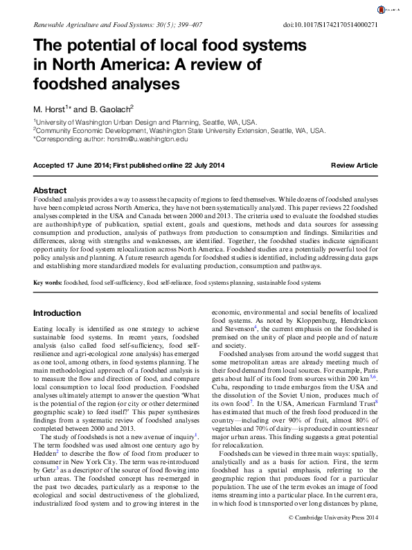 (PDF) The potential of local food systems in North America: A review of ...