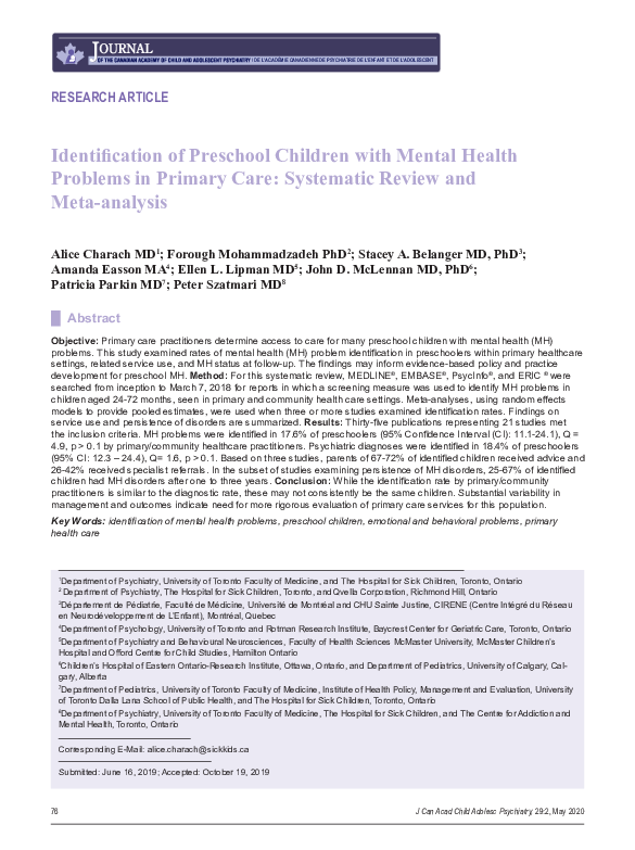 (PDF) Identification of Preschool Children with Mental Health Problems in Primary Care ...