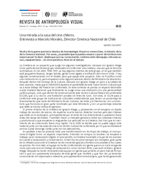 (PDF) Una mirada a la casa del cine chileno. Entrevista a Marcelo Morales, Director Cineteca ...