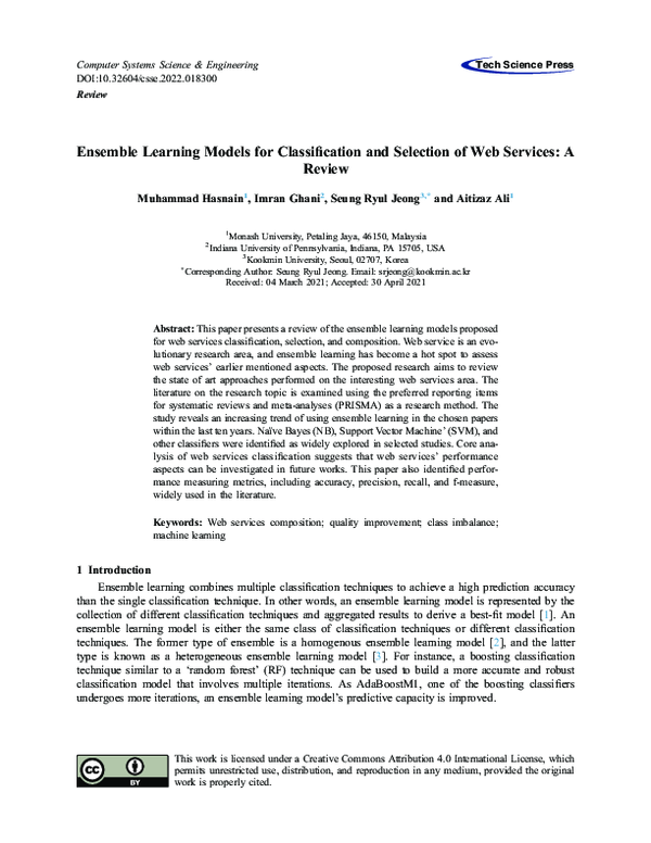 (PDF) Ensemble Learning Models for Classification and Selection of Web Services: A Review
