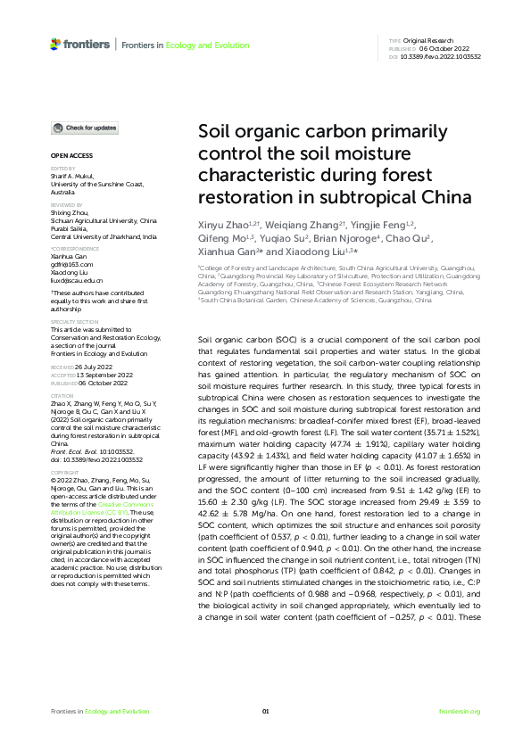 (PDF) Soil organic carbon primarily control the soil moisture characteristic during forest ...