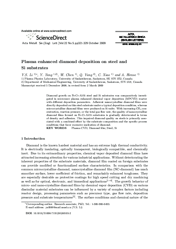 (PDF) Plasma enhanced diamond deposition on steel and Si substrates