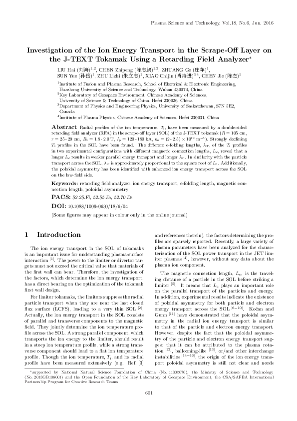 (PDF) Investigation of the Ion Energy Transport in the Scrape-Off Layer on the J-TEXT Tokamak ...