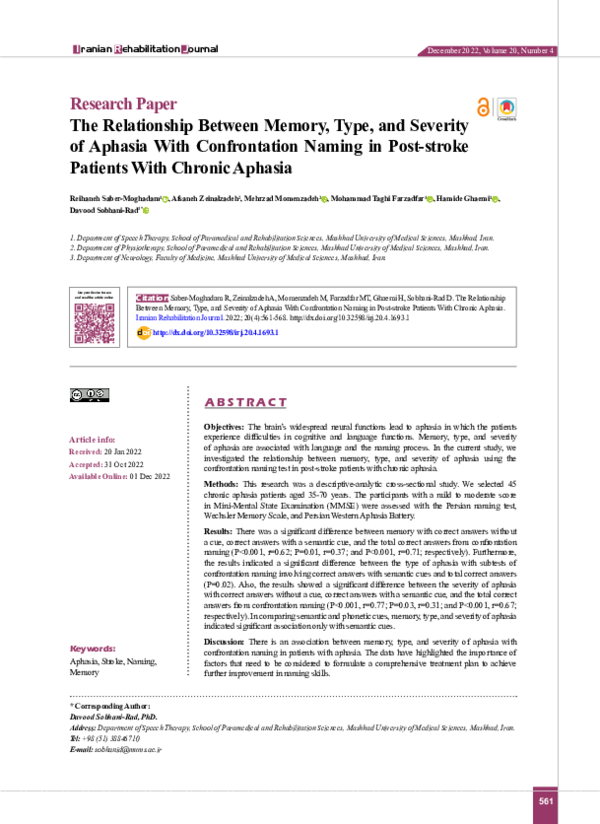 (PDF) The Relationship Between Memory, Type, and Severity of Aphasia With Confrontation Naming ...