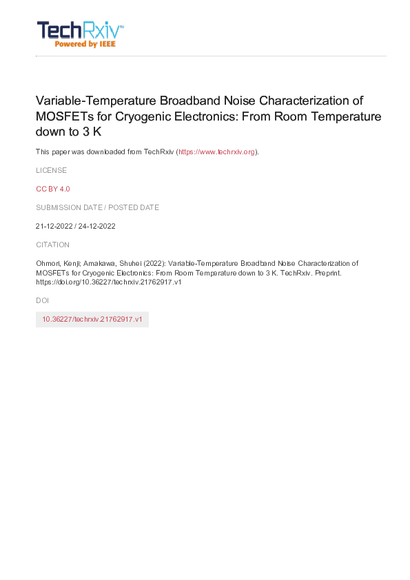 (PDF) Variable-Temperature Broadband Noise Characterization of MOSFETs for Cryogenic Electronics ...