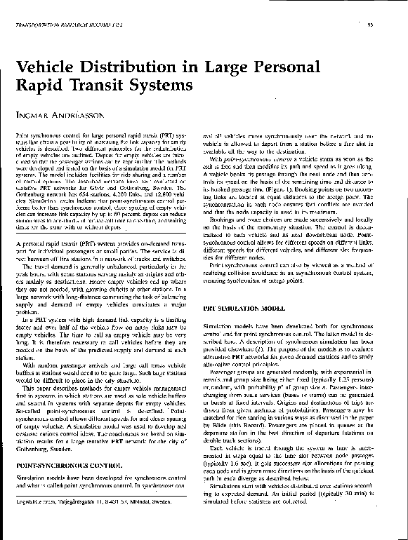 (PDF) Vehicle Distribution in Large Personal Rapid Transit Systems