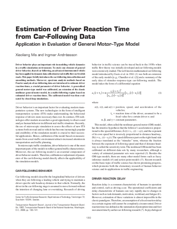 (PDF) Estimation of Driver Reaction Time from Car-Following Data ...