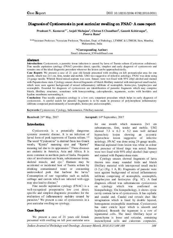 (PDF) Diagnosis of Cysticercosis in post auricular swelling on FNAC- A ...