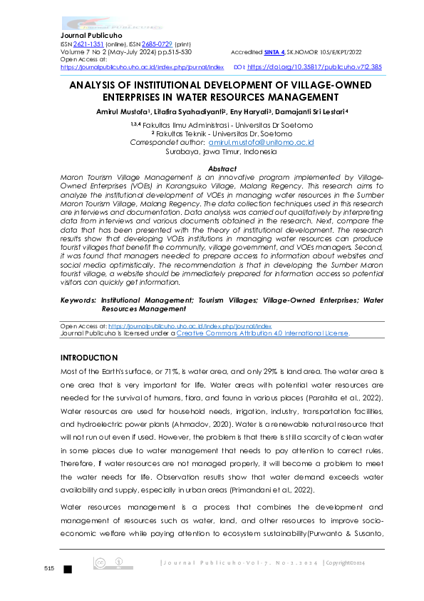 (PDF) Analysis of Institutional Development of Village-Owned Enterprises in Water Resources ...