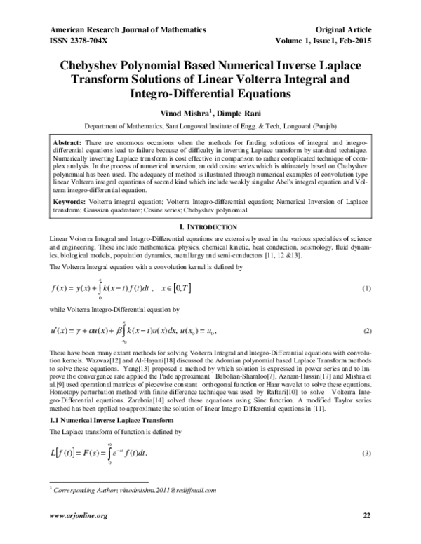 (PDF) Chebyshev Polynomial Based Numerical Inverse Laplace Transform ...