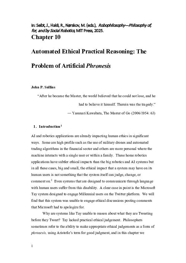 (PDF) Automated Ethical Practical Reasoning: The Problem of Artificial Phronesis