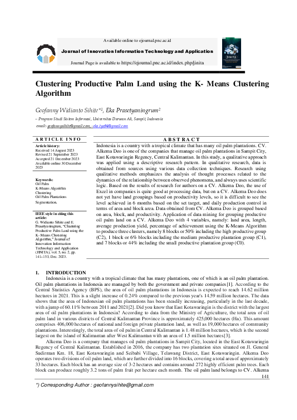 (PDF) Clustering Productive Palm Land using the K- Means Clustering ...