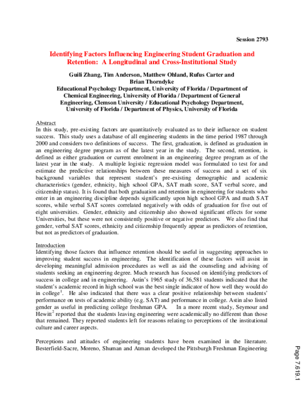 (PDF) Identifying Factors Influencing Engineering Student Graduation: A Longitudinal and Cross ...