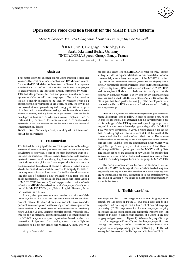 (PDF) Open source voice creation toolkit for the MARY TTS platform