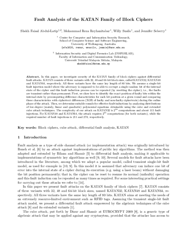 (PDF) Fault Analysis of the KATAN Family of Block Ciphers